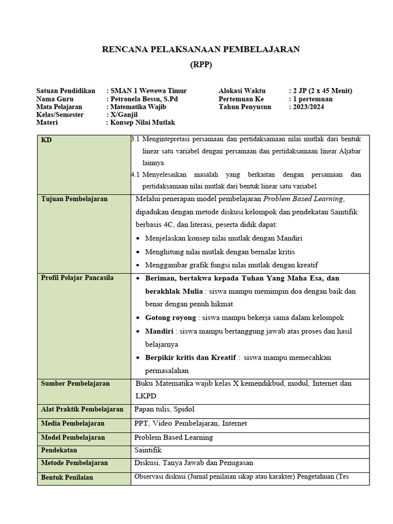 RPP 1 KD 3.1 & 4.1 - Konsep Nilai Mutlak | PDF