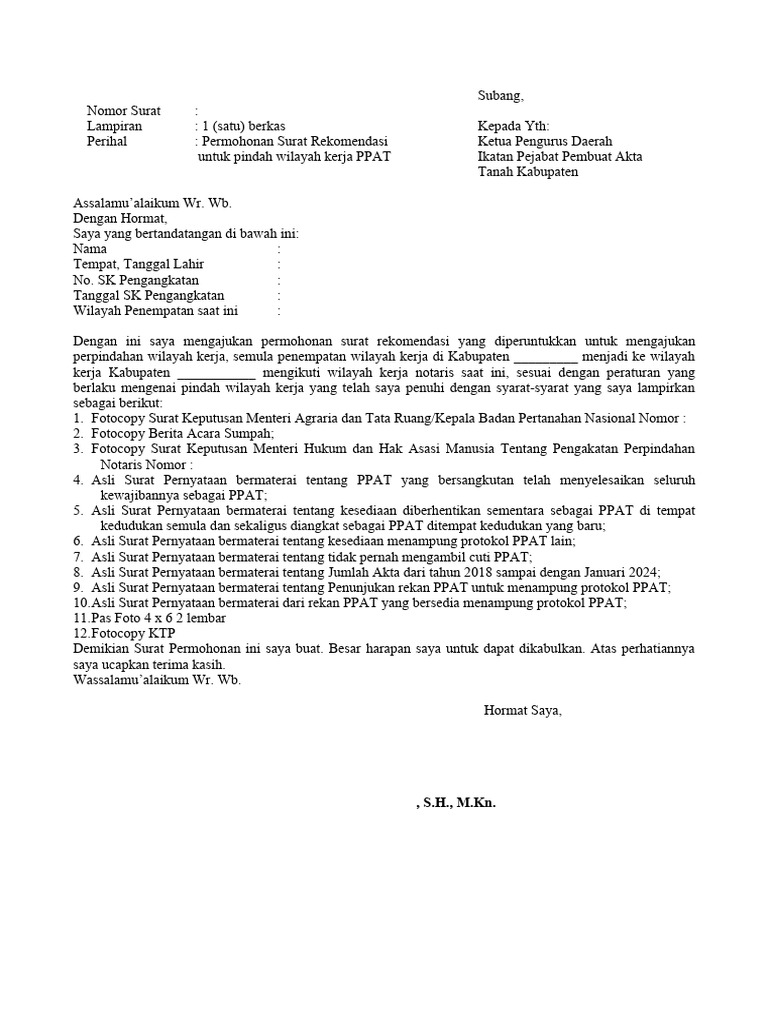 Draft Surat Permohonan Rekomendasi Pengda IPPAT | PDF