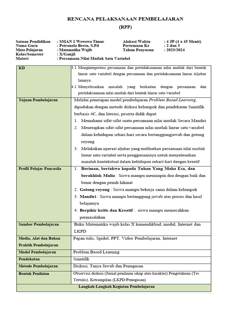 RPP 2 & 3 KD 3.1 & 4.1 - Persamaan Nilai Mutlak Satu Variabel | PDF | Sains & Matematika