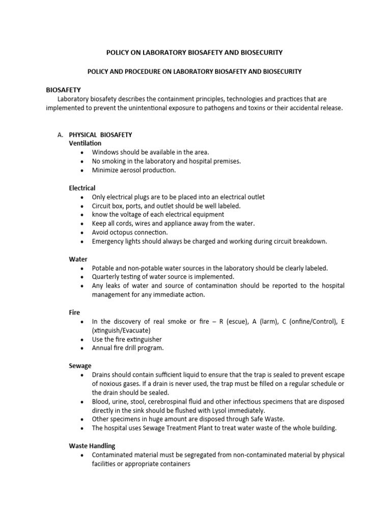 Policy On Laboratory Biosafety and Biosecurity For Print Amd Approval ...