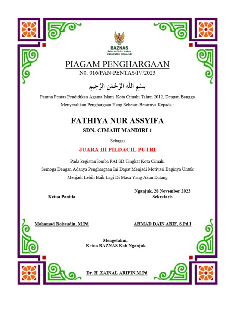 Piagam Penghargaan Peserta Lomba Pildacil | PDF