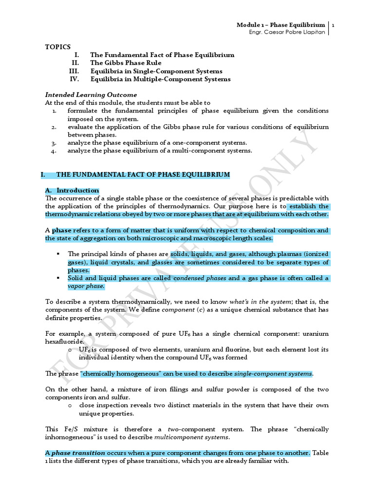 Module 1 PHASE EQUILIBRIUM 2023 Final | PDF | Phase (Matter) | Phase Rule