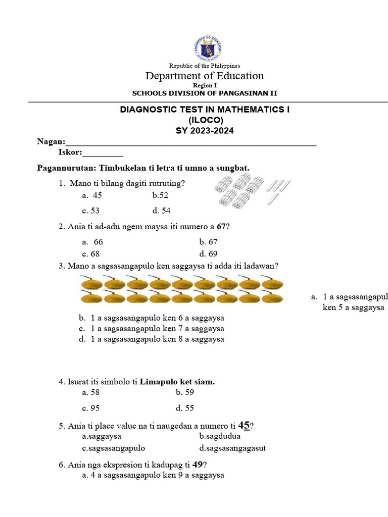MATH-1-DIAGNOSTIC TEST - 2023-2024 - Iloko2 | PDF