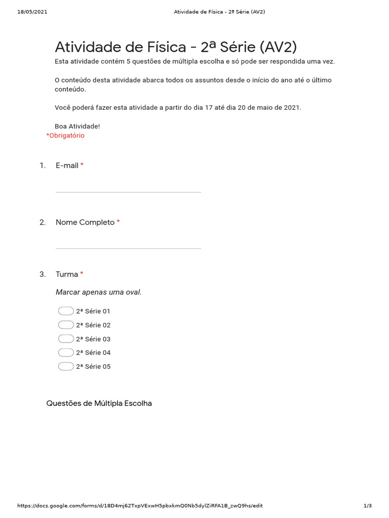 Atividade de Física - 2 Série (AV2) - Formulários Google | PDF | Temperatura | Calor