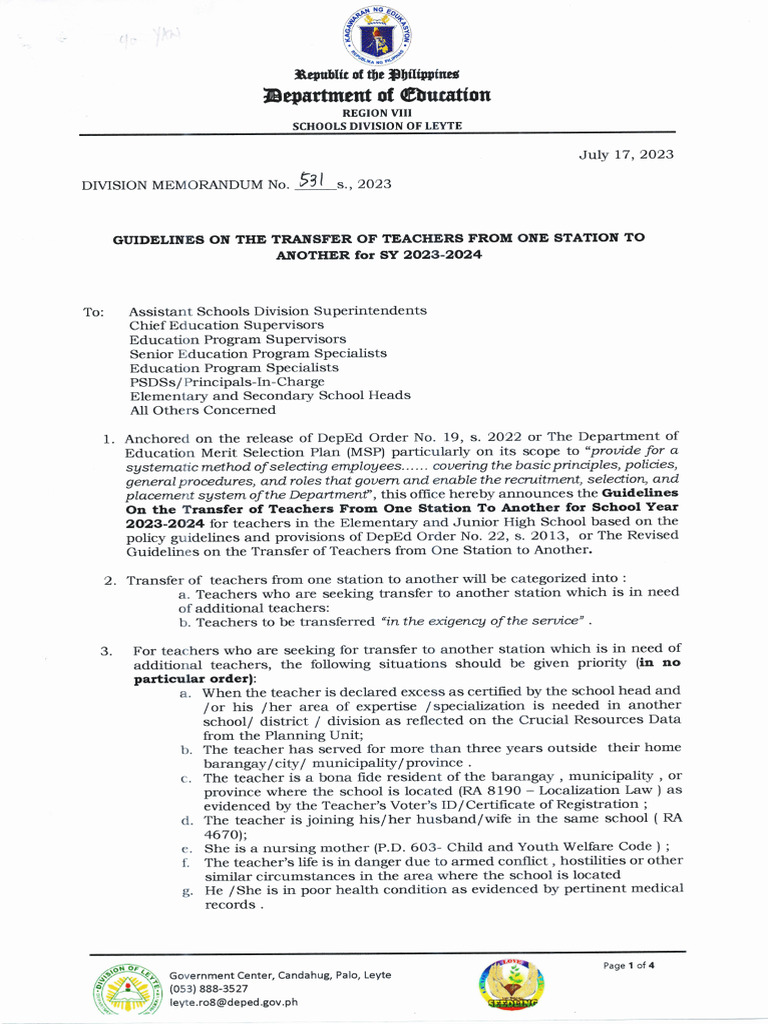 DM No. 531, S. 2023 Guidelines On The Transfer of Teachers Ffrom One Station To Another Fro SY ...