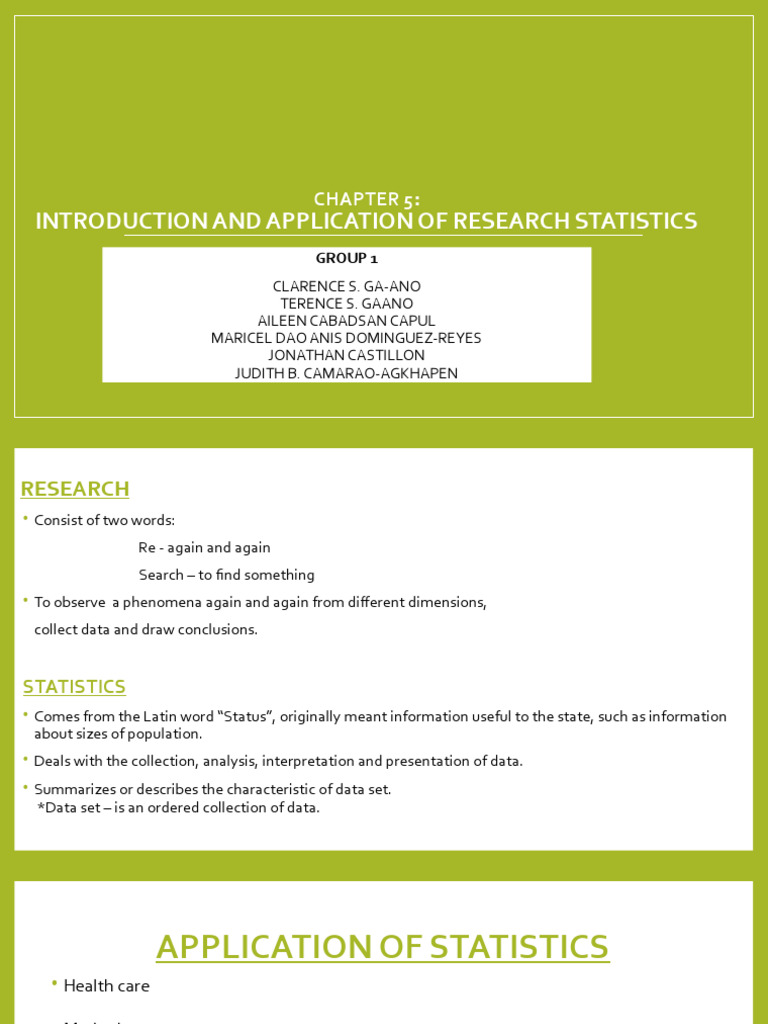 GROUP 1 SEC. 22 MPA Chapter 5 Nos. 1&2 Introduction and Application of Research Statistics 1 ...