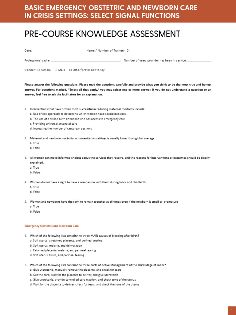 BEmONC - Pre-Test - v02 | PDF | Childbirth | Postpartum Period