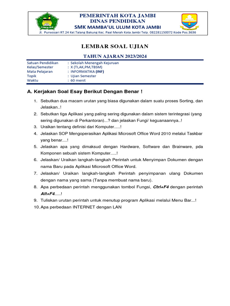 Soal Inf X - 2 Esay 2023 - 2024 | PDF