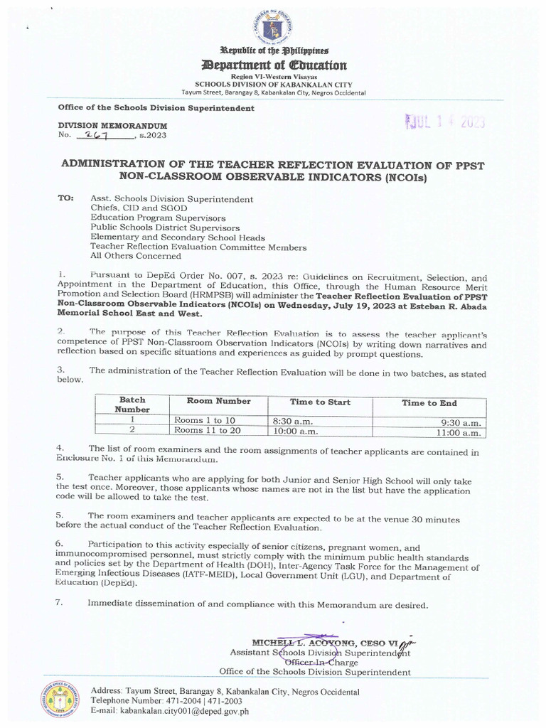 Division Memorandum No. 267 S. 2023 Administration of The Teacher ...