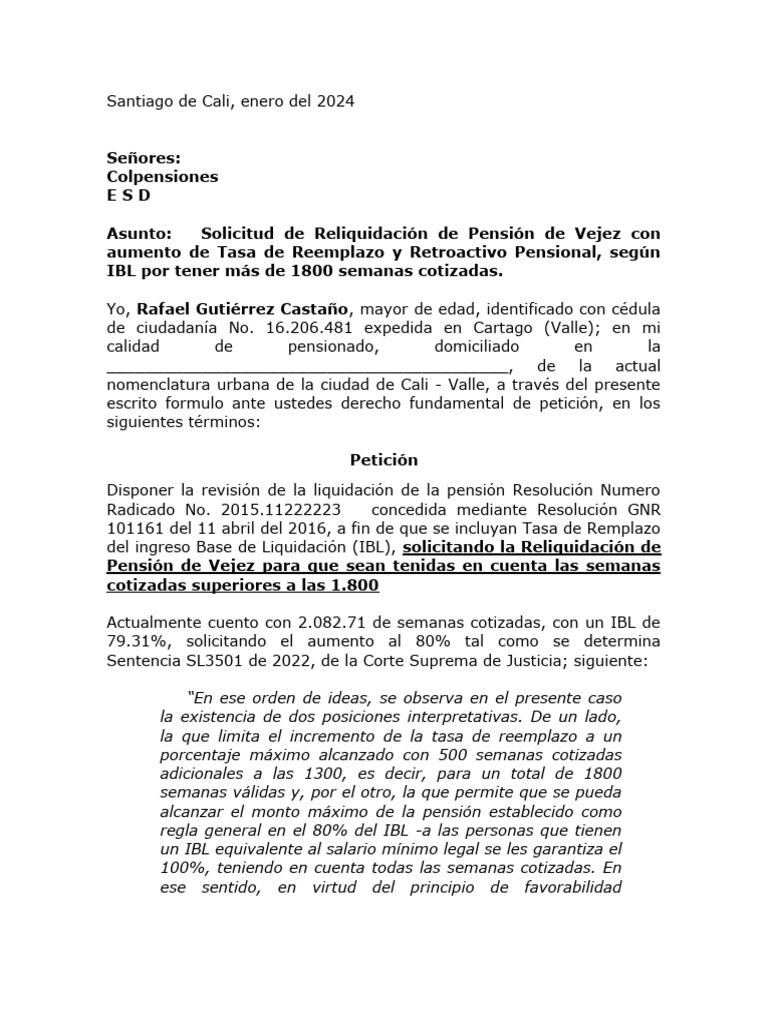 Solicitud de Reliquidación de Pensión de Vejez Con Aumento de Tasa de ... Solicitud de Reliquidación de Pensión de Vejez Con Aumento de Tasa de ...