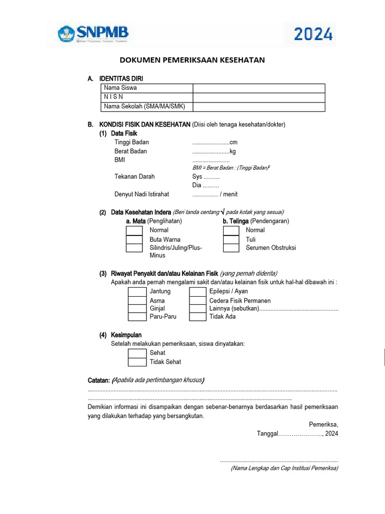 00 Final TEMPLATE DOKUMEN PEMERIKSAAN KESEHATAN (2024) | PDF