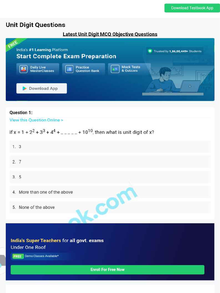 MCQ On Unit Digit 5eea6a1039140f30f369e813 | PDF