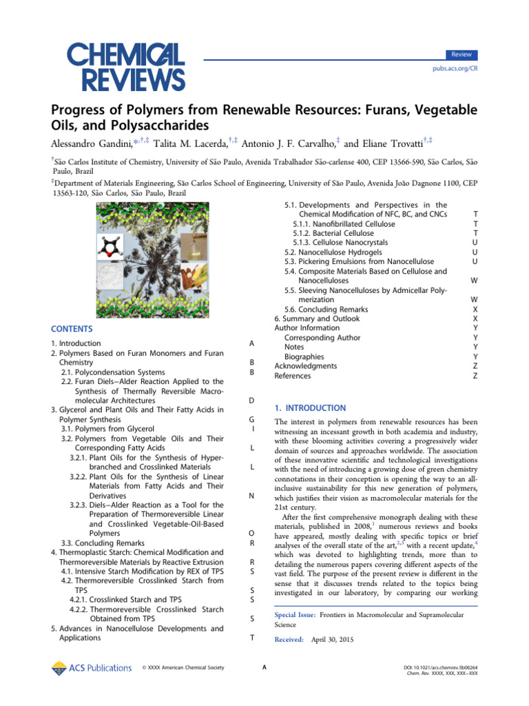 Progress of Polymers From Renewable Resources Furans, Vegetable Oils ...