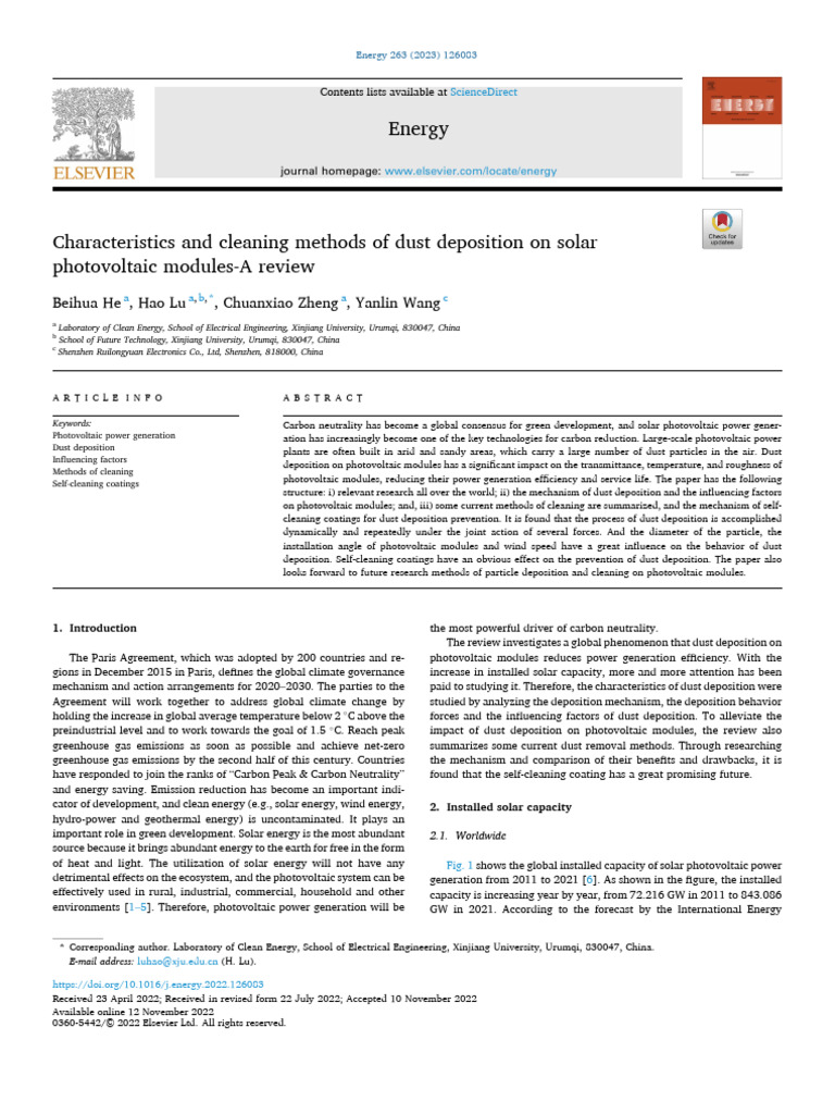 Characteristics And Cleaning Methods Of Dust Deposition On Solar Photovoltaic Modules A Review