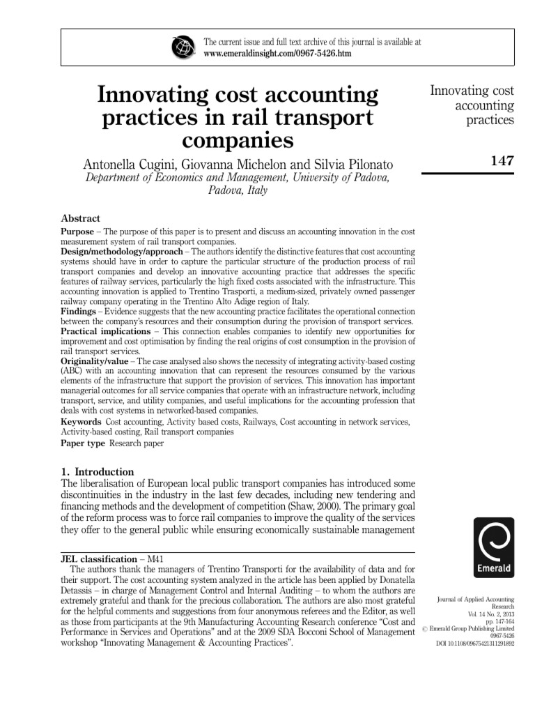 Innovating Cost Accounting Practices in Rail Transport Companies | PDF ...
