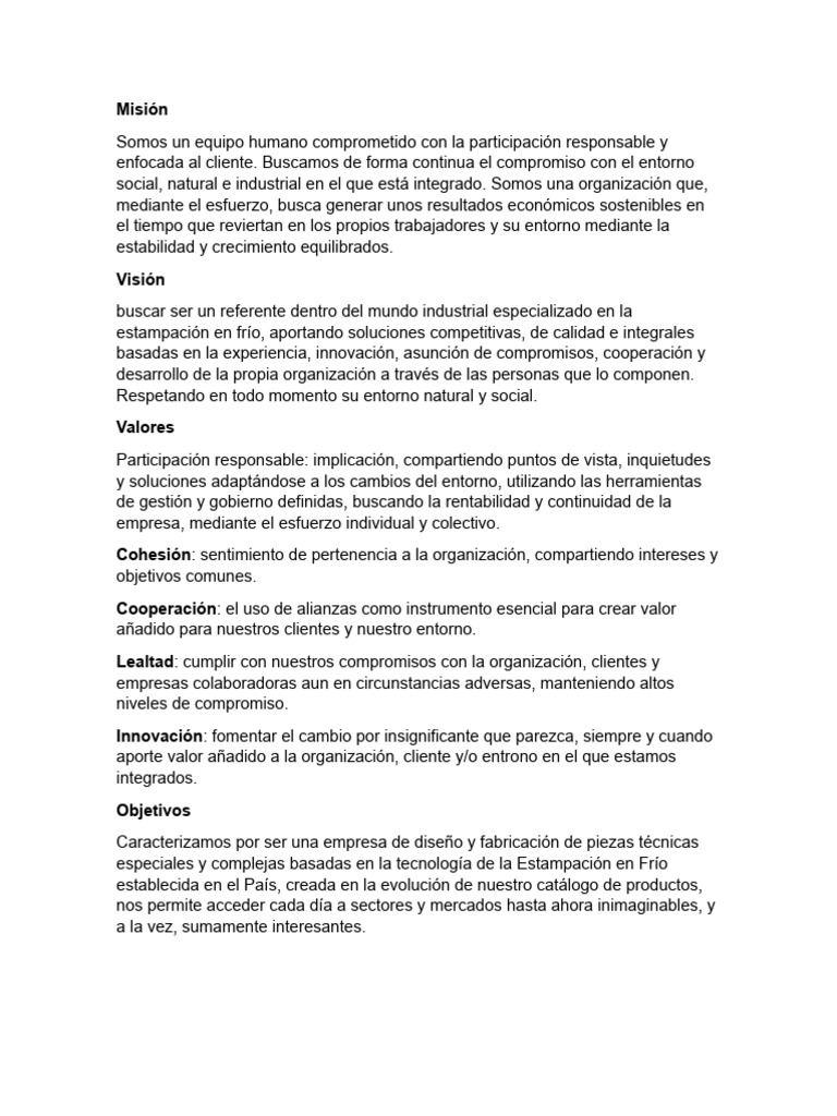 Misión, Vision, Objetivos | PDF | Calidad (comercial) | Business