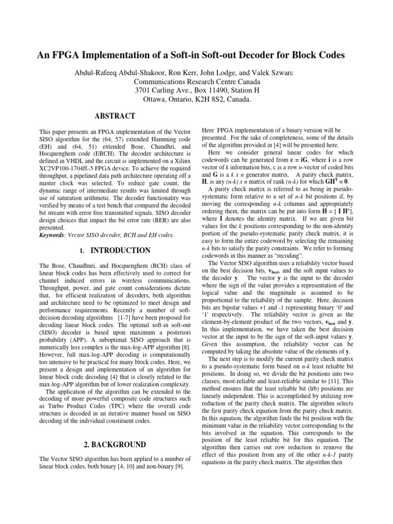 An FPGA Implementation of A Soft-In Soft-Out Decoder For Block Codes | PDF | Matrix (Mathematics ...