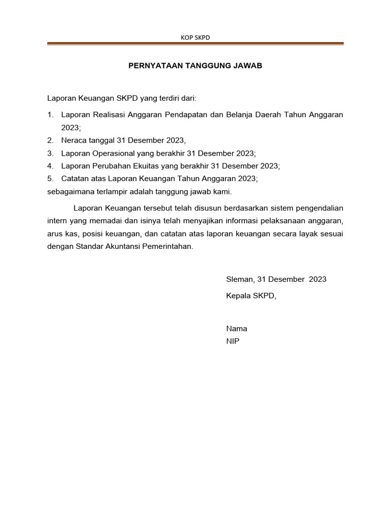 Form Surat Pernyataan Tanggung Jawab LK SKPD 2023 | PDF