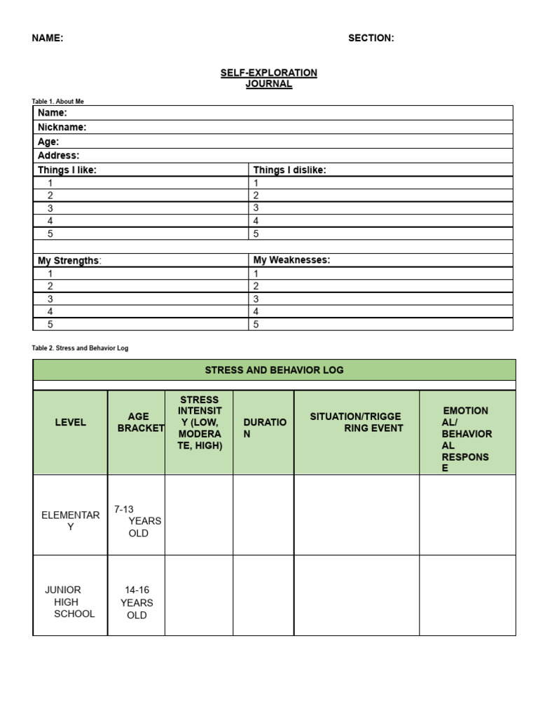 Cor 014 Self Exploration Journal Template 1 | PDF | Stress (Biology ...