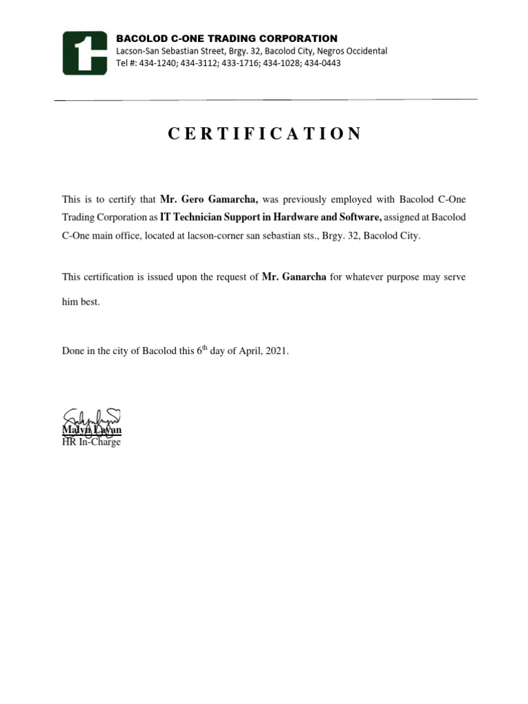 CERTIFICATE OF EMPLOYMENt Format | PDF