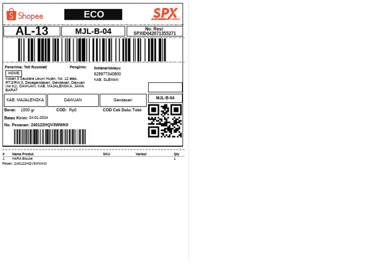 Contoh Resi SPX Shopee Express | PDF