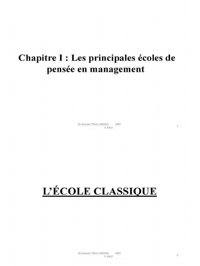 1302 - Chapitre 1 Les Principales Ecoles de Pensee Ne Management F. Management Cours | PDF