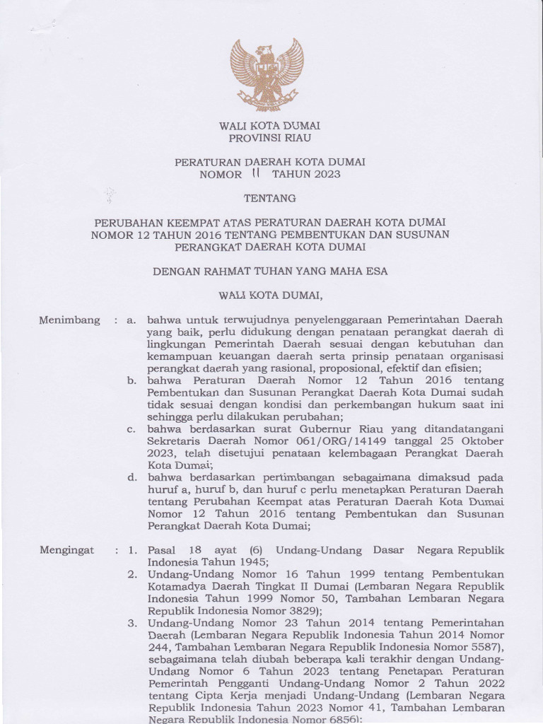Perda Nomor 11 Tahun 2023 Tentang Perubahan Keempat Atas Perda Kota Dumai Nomor 12 Tahun 2016 ...