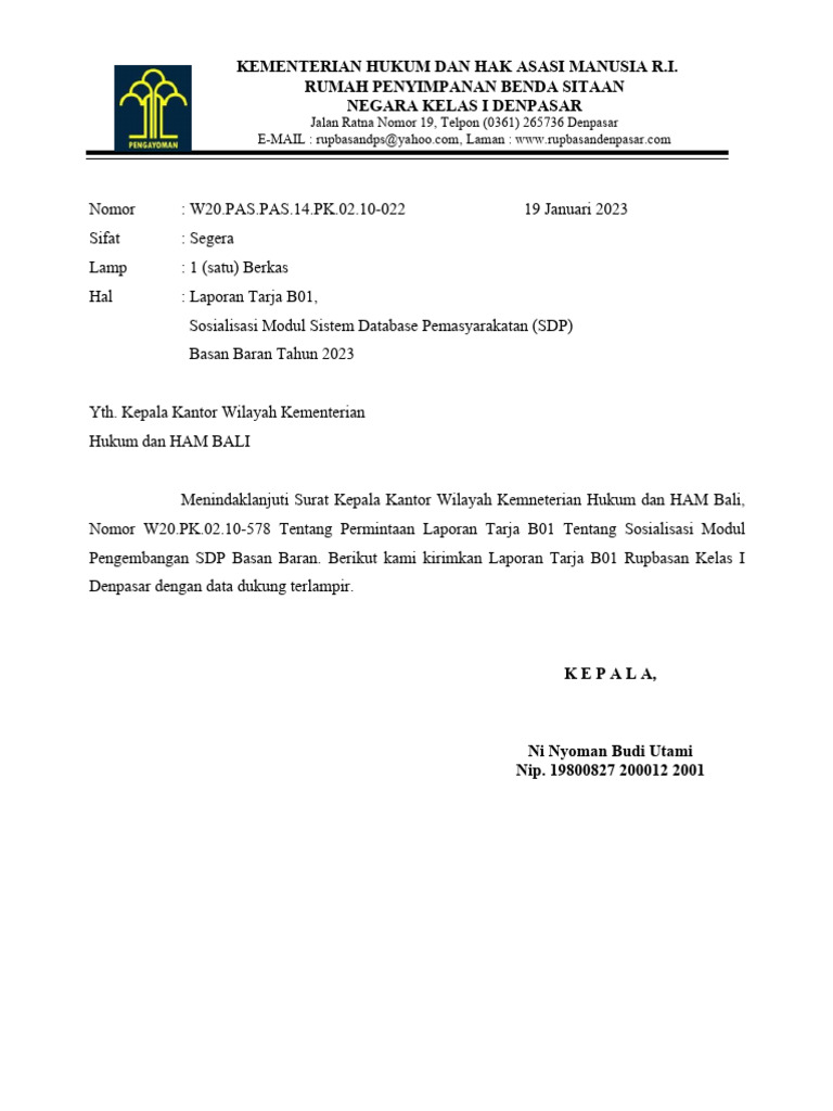 Lap - Tarja - B01 Tahun 2023 Sosialisasi Modul Sistem Database Pemasyarakatan (SDP) Basan Baran ...