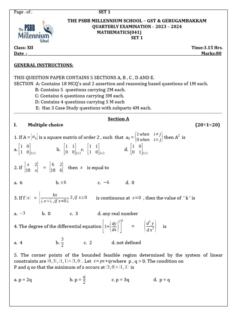 STD 12 Maths Qtly QP (23-24) Set 1 | PDF | Matrix (Mathematics) | Mathematical Objects