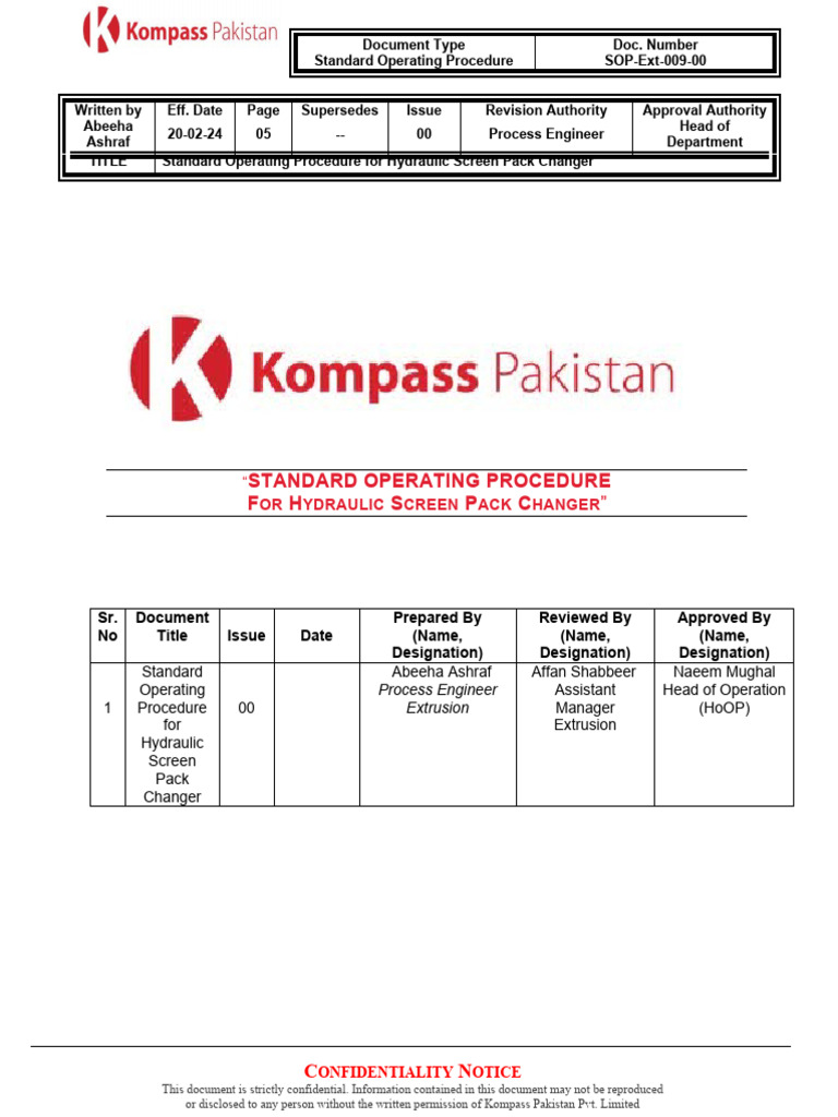 SOP-Ext-009-00 Hydraulic Screen Pack Changer | PDF | Extrusion