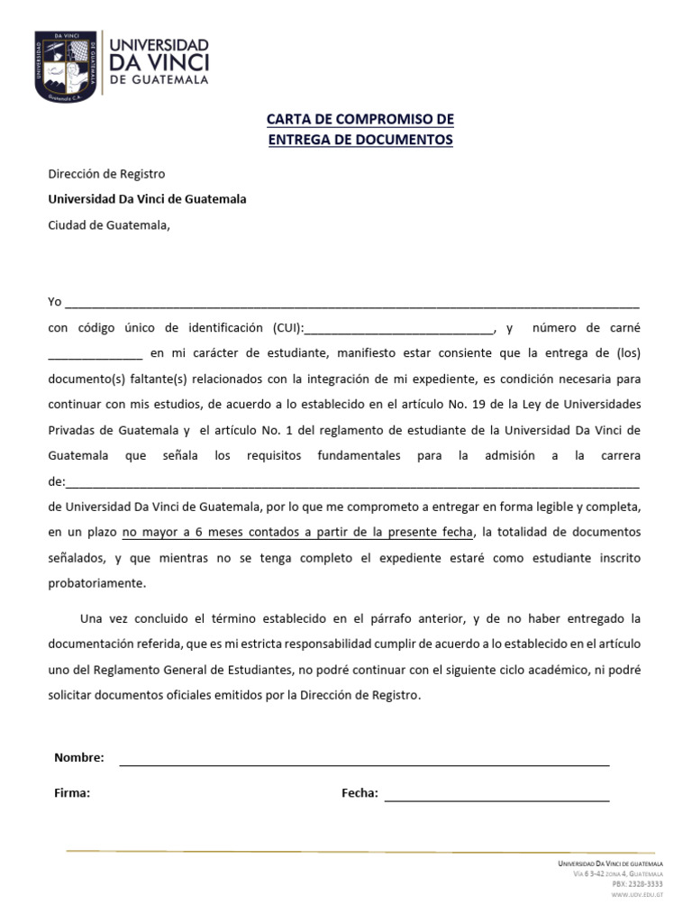 Carta de Compromiso de Entrega Documentos | PDF