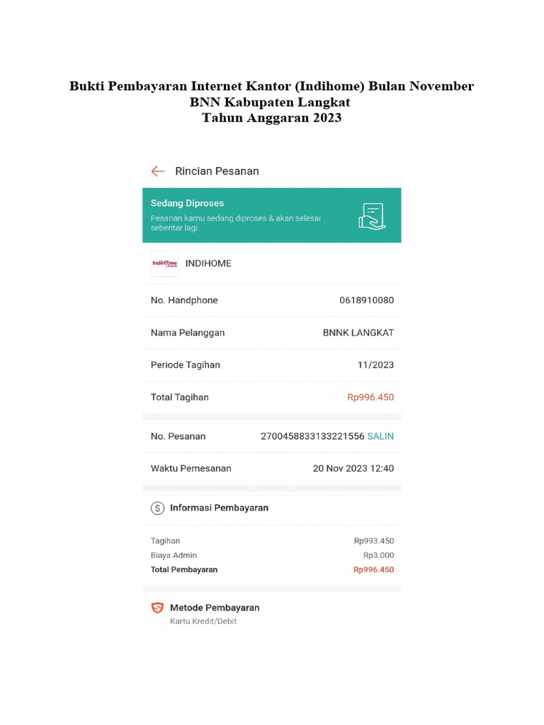 Bukti Pembayaran Internet Kantor (Indihome) Bulan November | PDF