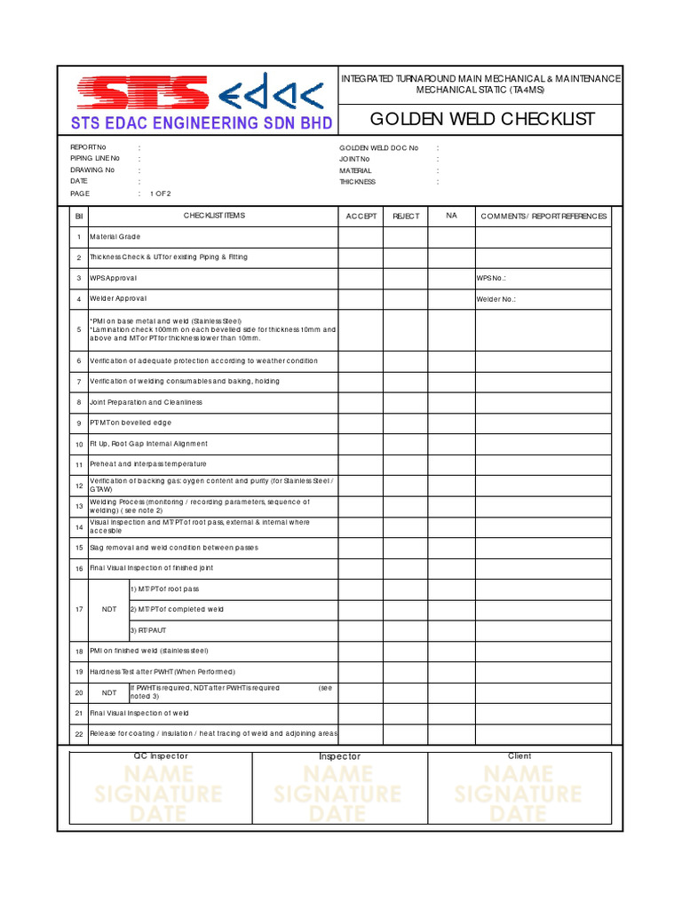 Golden Joint Checklist | Download Free PDF | Construction | Welding