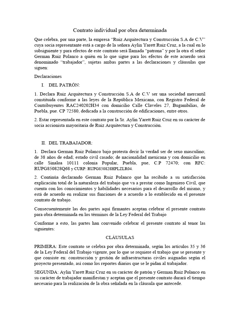 Contrato Individual Por Obra Determinada | PDF | México