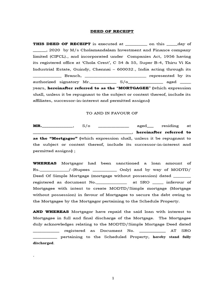 Deed of Receipt - Discharge | PDF | Mortgage Law | Liability (Financial ...