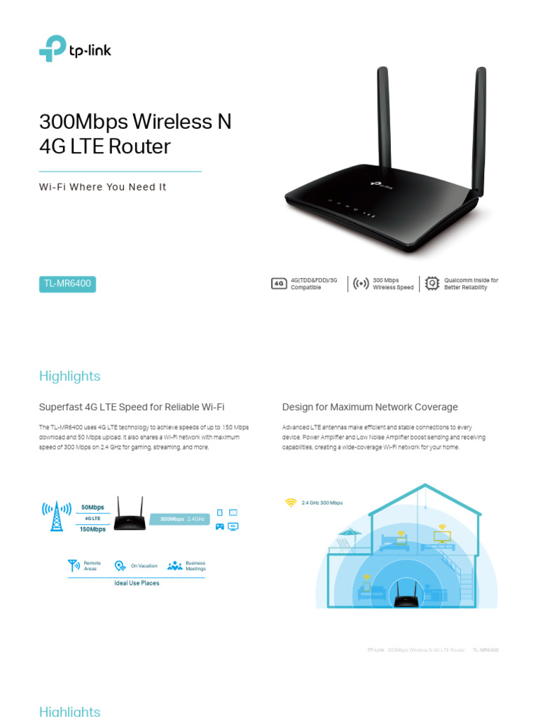 Data Sheet - Modem - TP-Link - TL-MR6400 | PDF | Wi Fi | 4 G