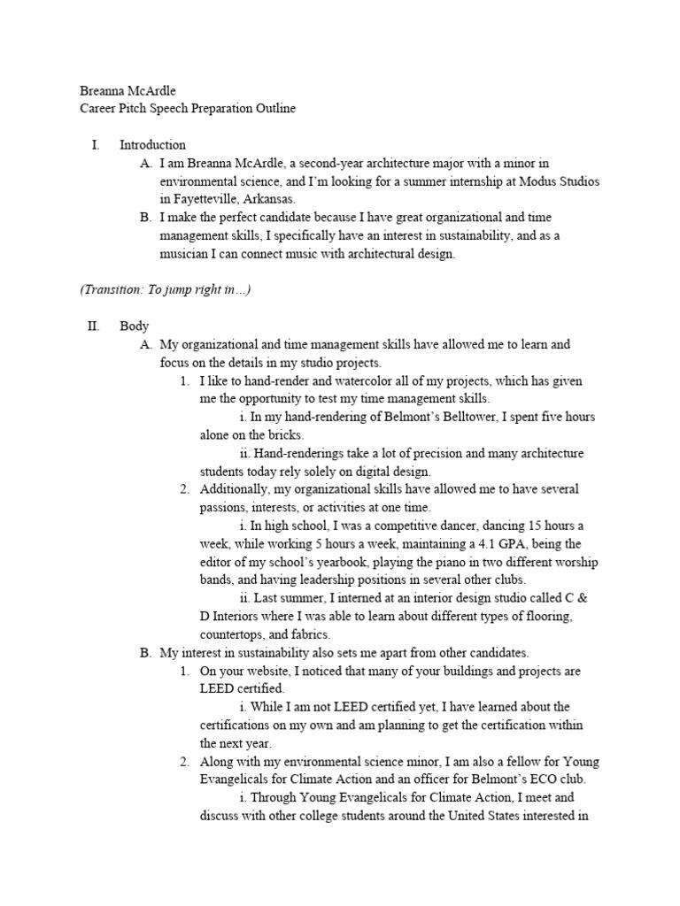 Career Pitch Speech Outline | PDF