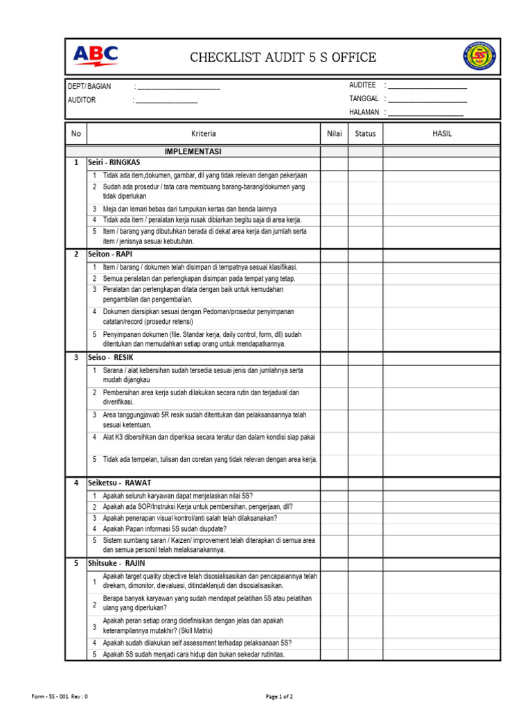 Checklist Audit 5S (Office) | PDF