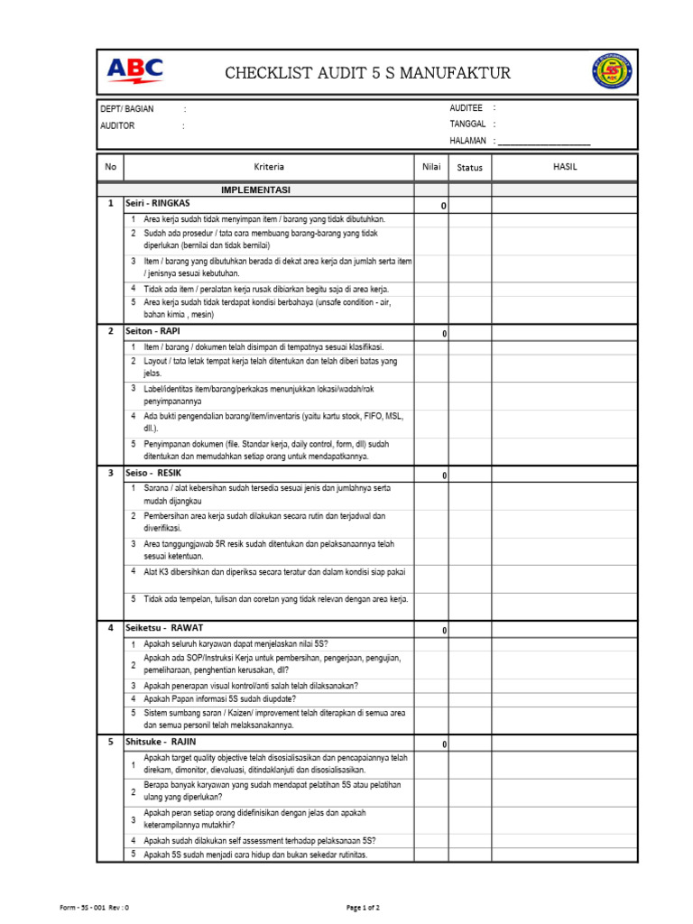 Checklist Audit 5S (Manufaktur) | PDF