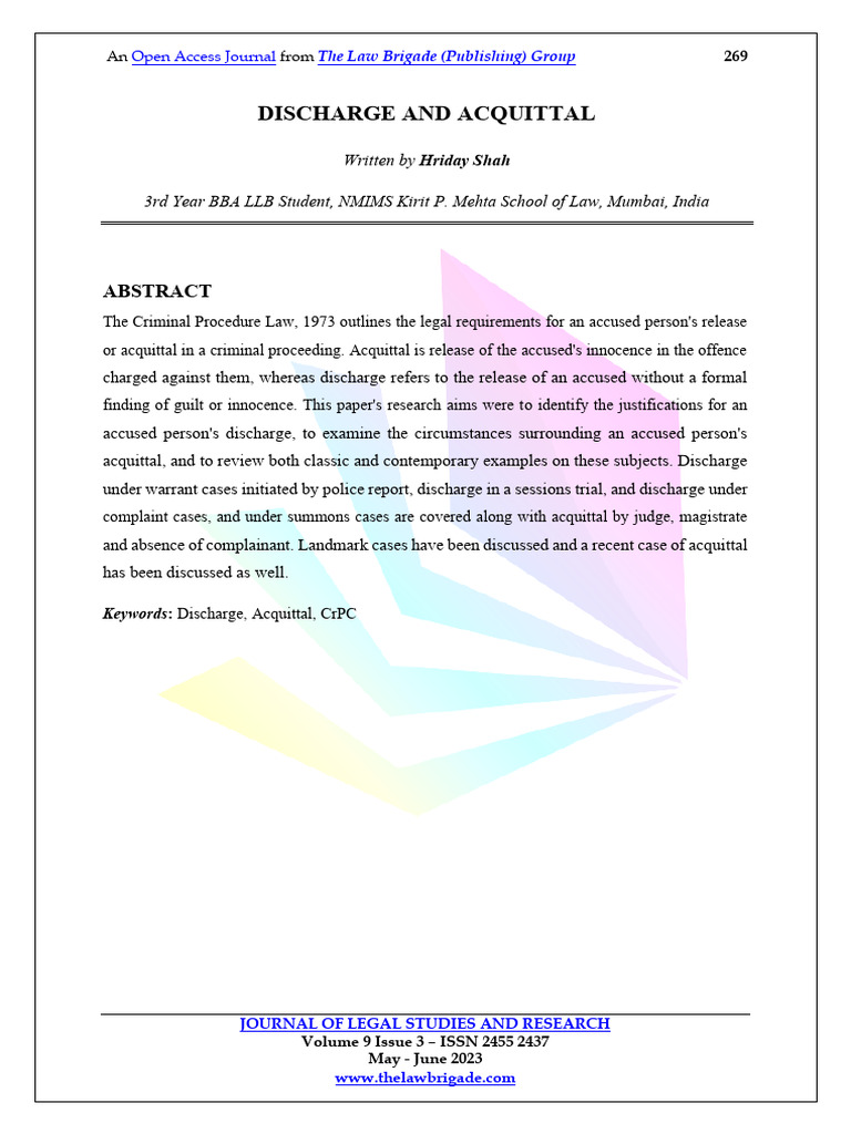 Hriday Shah 2 JLSR | PDF | Criminal Procedure In South Africa | Acquittal