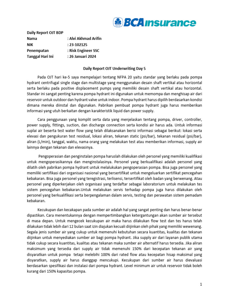 Alvi - Daily Report OJT Underwriting Day 5 (26-01-2024) | PDF