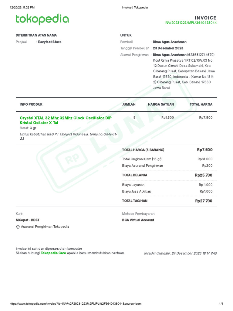 Invoice - Tokopedia | PDF