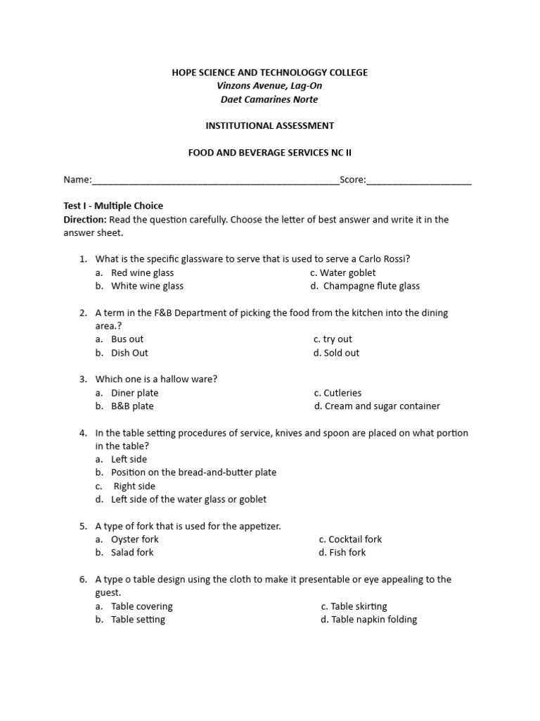 Questionnaire On Institutional Assessment | PDF | Restaurants | Menu