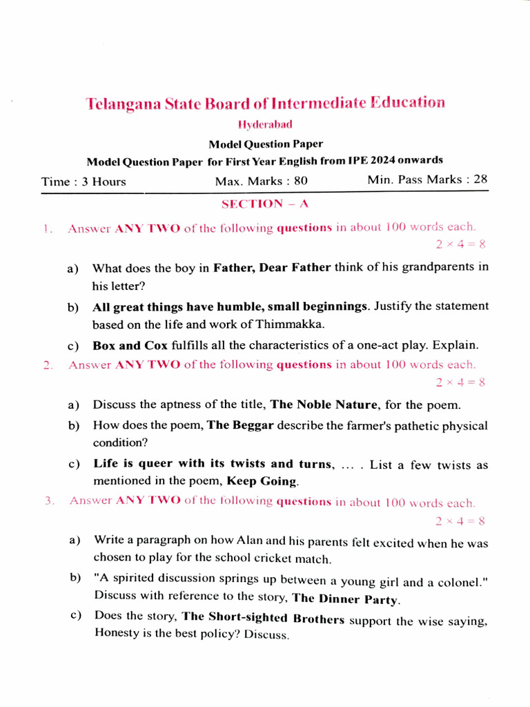 Junior Inter IPE 2023-24 Model Question Paper | PDF | Human Communication | Languages