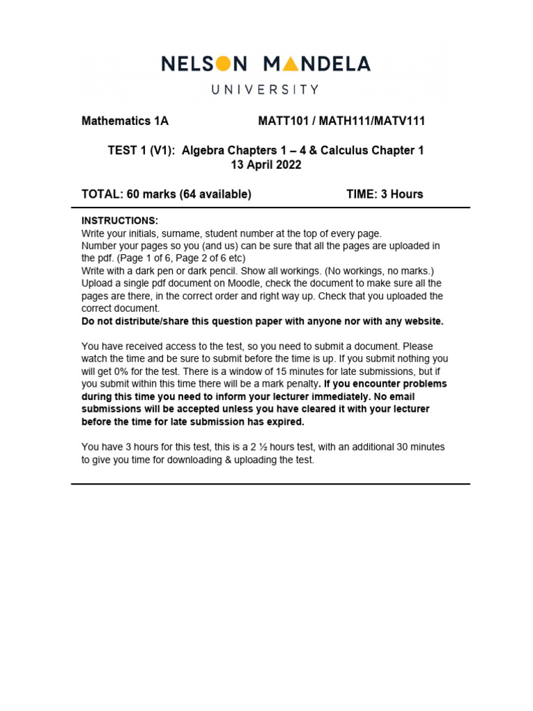 Mathematics 1A Semester Test 1 (V1) | PDF | Truth | Argument