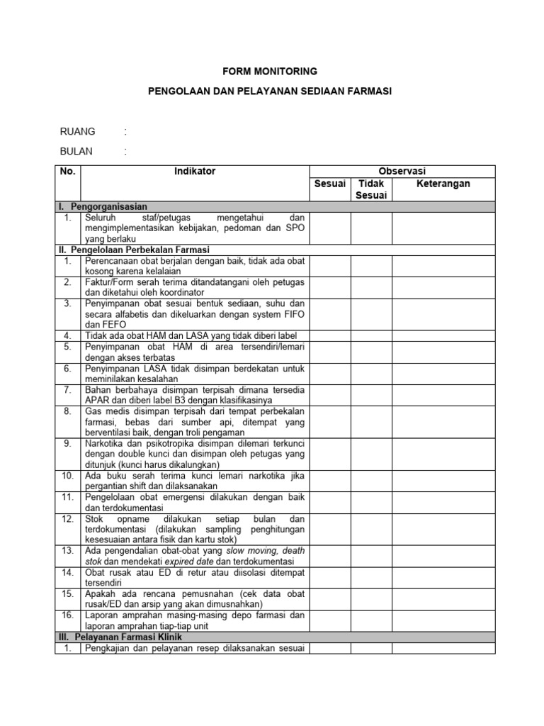 Form Monitoring Pengelolaan Dan Pelayanan Sediaan Farmasi | PDF