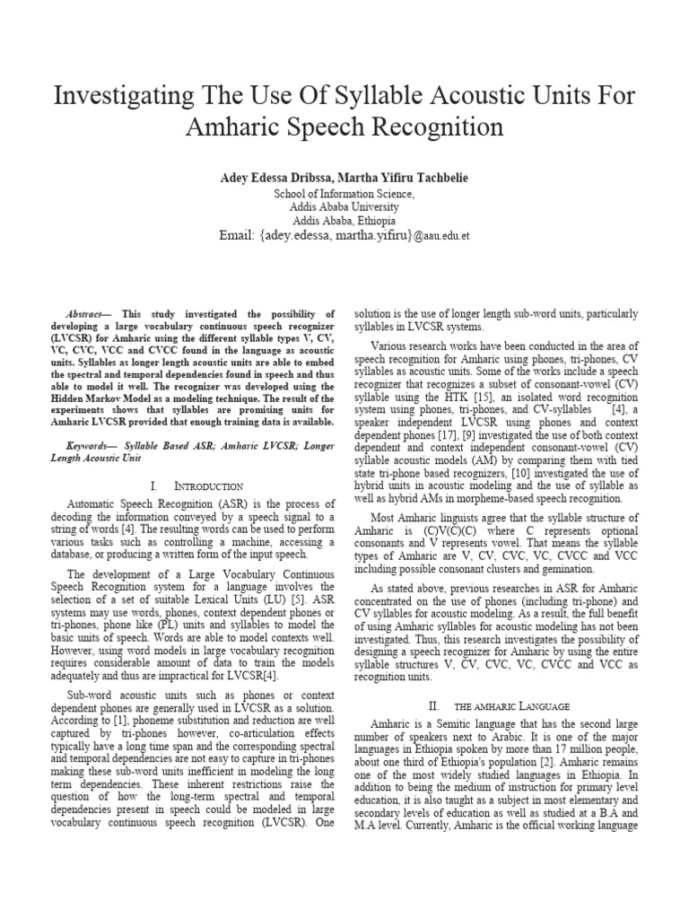Investigating The Use of Syllable Acoustic Units For Amharic Speech ...
