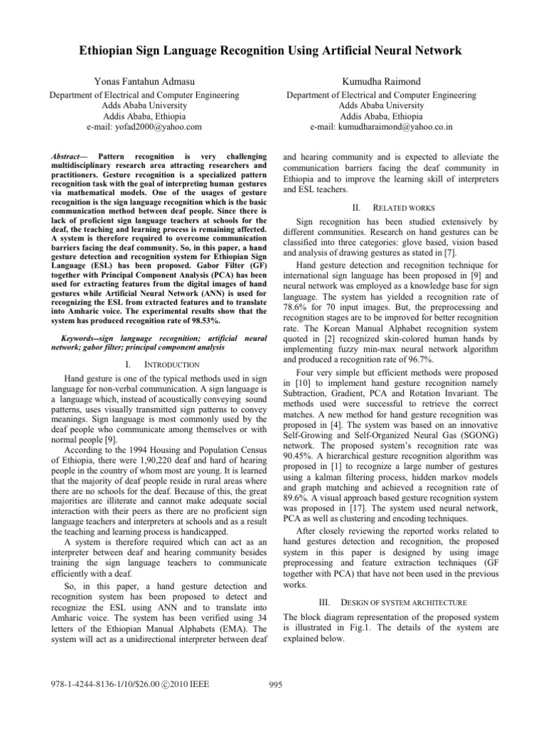Ethiopian Sign Language Recognition Using Artificial Neural Network Download Free Pdf