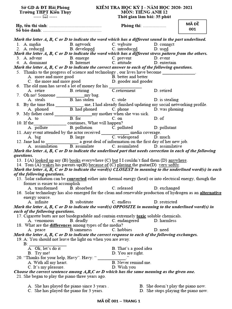 Kiem Tra Hoc Ki 1-Lop 12 Ma de 01 Nop | PDF | World Wide Web | Internet ...