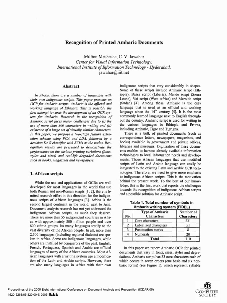 Recognition of Printed Amharic Documents | PDF | Support Vector Machine | Statistical Classification